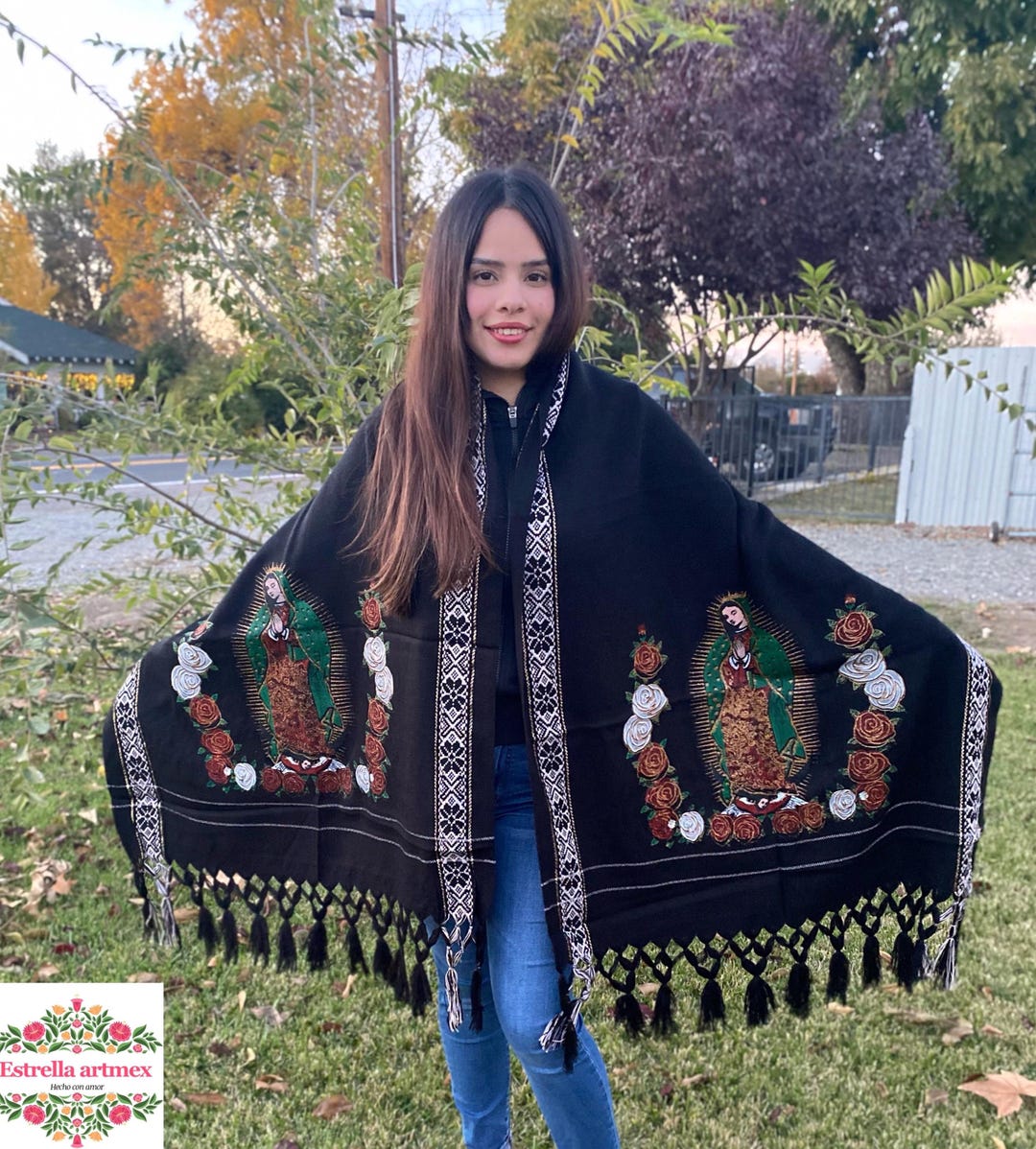 Mexican Embroidered Shawl. Virgin Mary Embroidered Shawl. Traditional ...