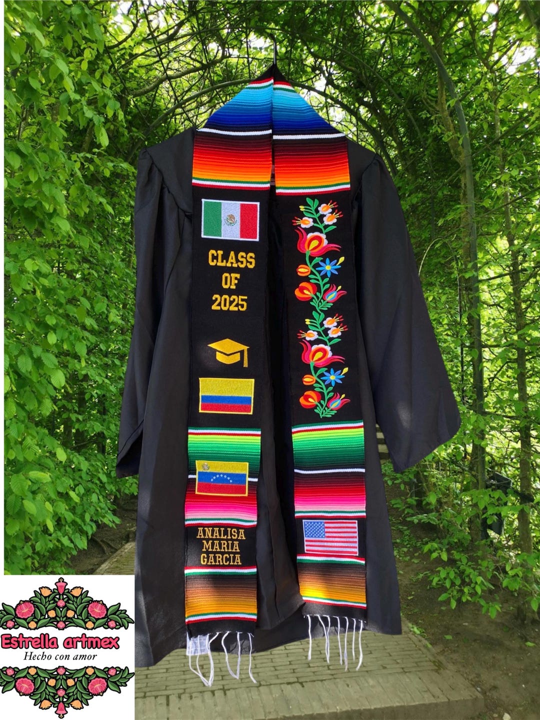 Mexican Graduation Stole With Serape Embroidered With Flowers ...