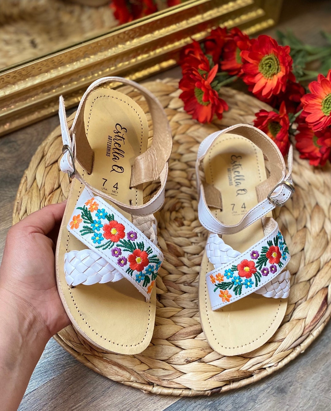 Floral Embroidered Huarache Sandals, Handmade Mexican Leather Shoes - Etsy