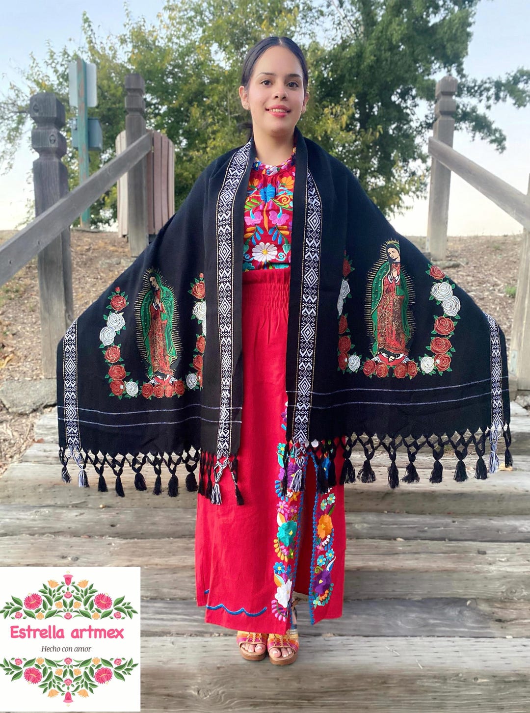 Mexican Embroidered Shawl. Virgin Mary Embroidered Shawl. Traditional ...