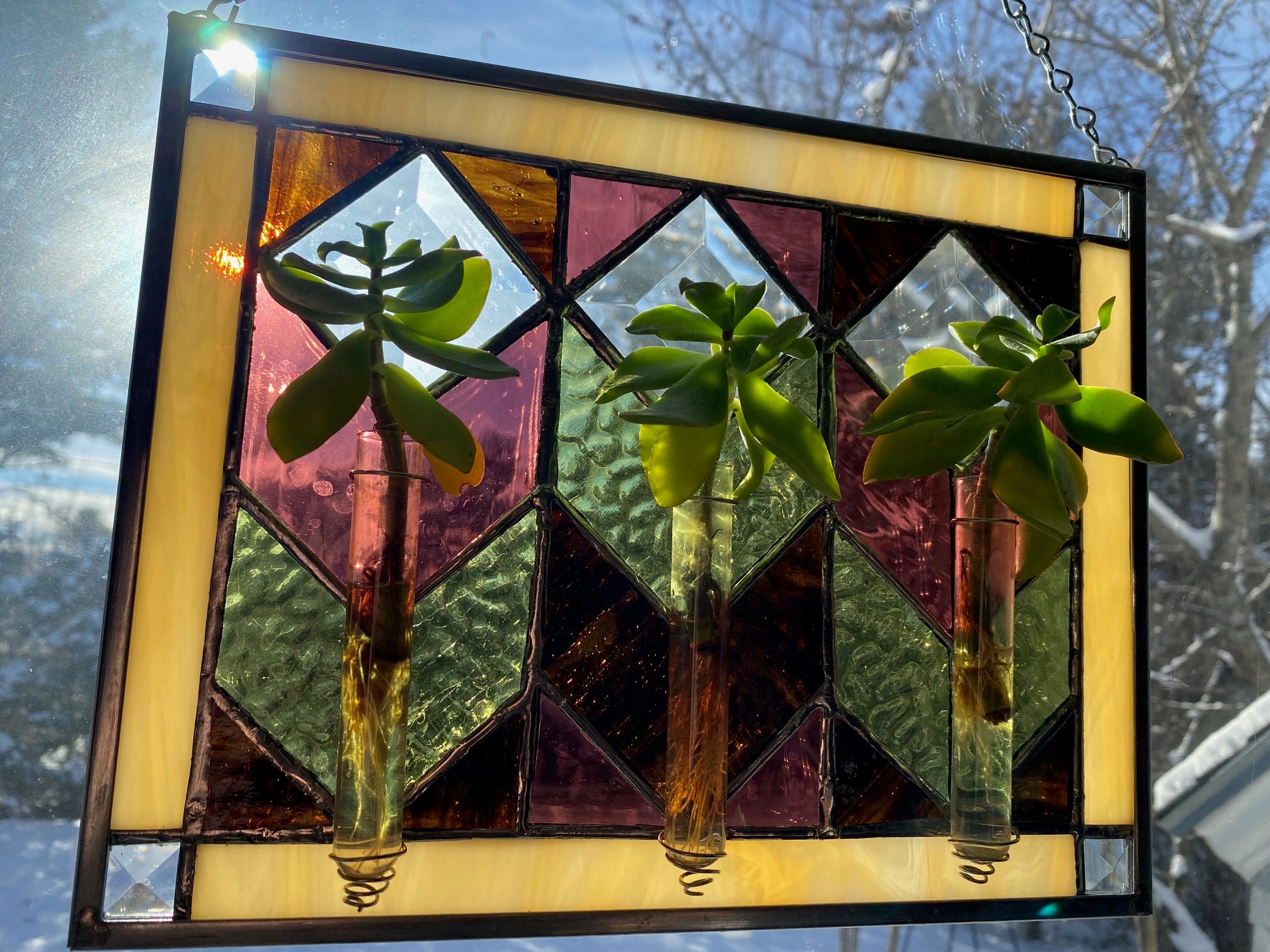 Hanging Stained Glass Window Panel With Chevron Design and Three Sweet ...