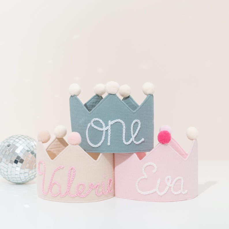 Hand Embroidered Name Birthday Crown, Custom Party Hat, First Birthday ...