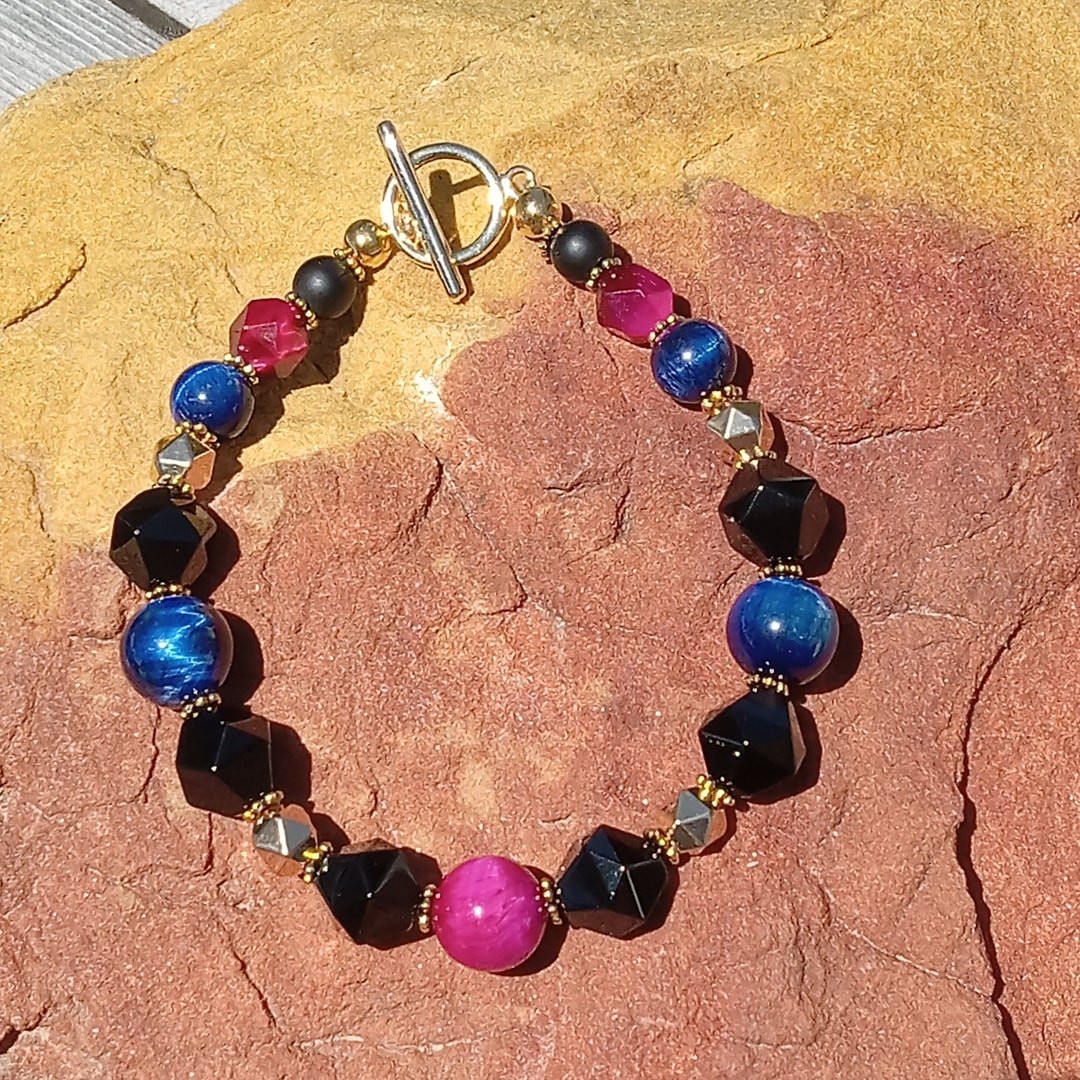 Women's Colorful Gemstone Bracelet, Blue Tiger's Eye, Rose Tiger's Eye ...