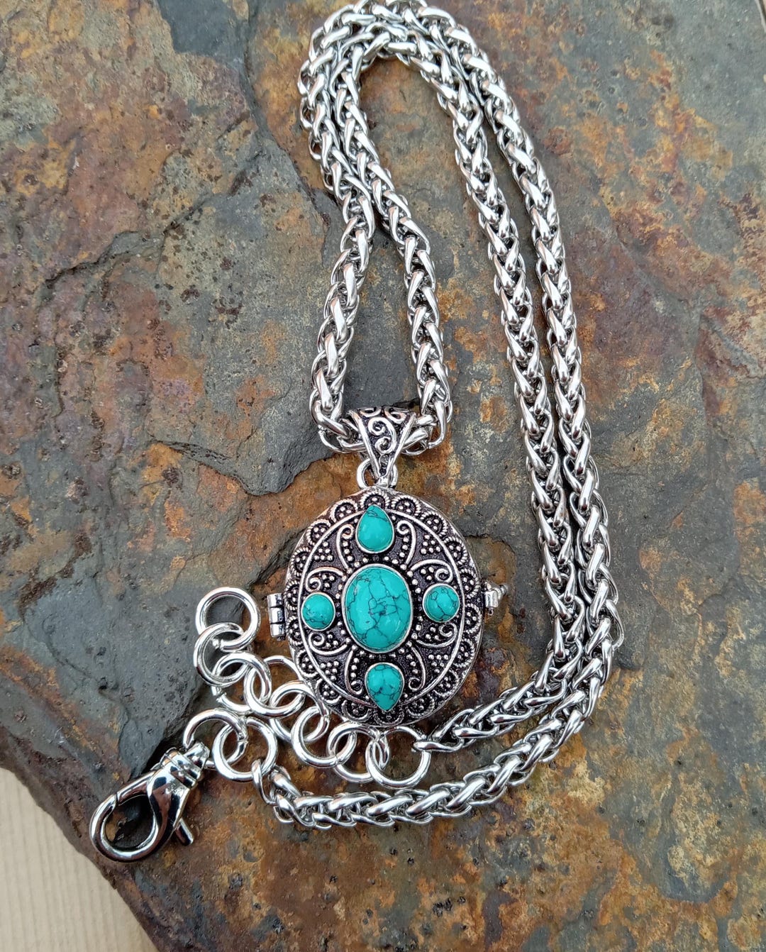 925 Sterling Silver 5 Turquoise Gemstones Medicine Herb Locket Pill ...