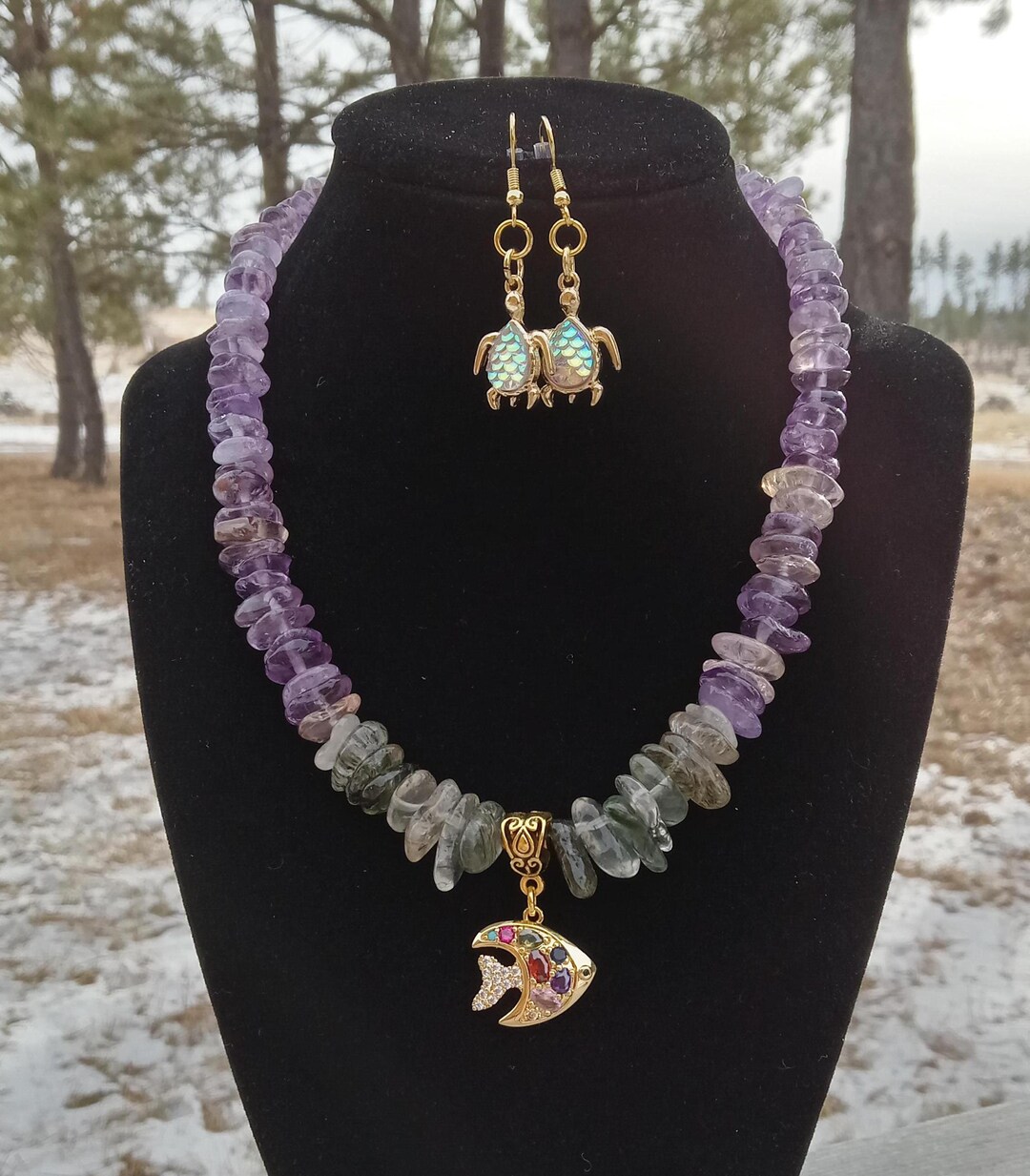 Gemstone Choker Fish Pendant Necklace Earrings Set Green Rutilated ...