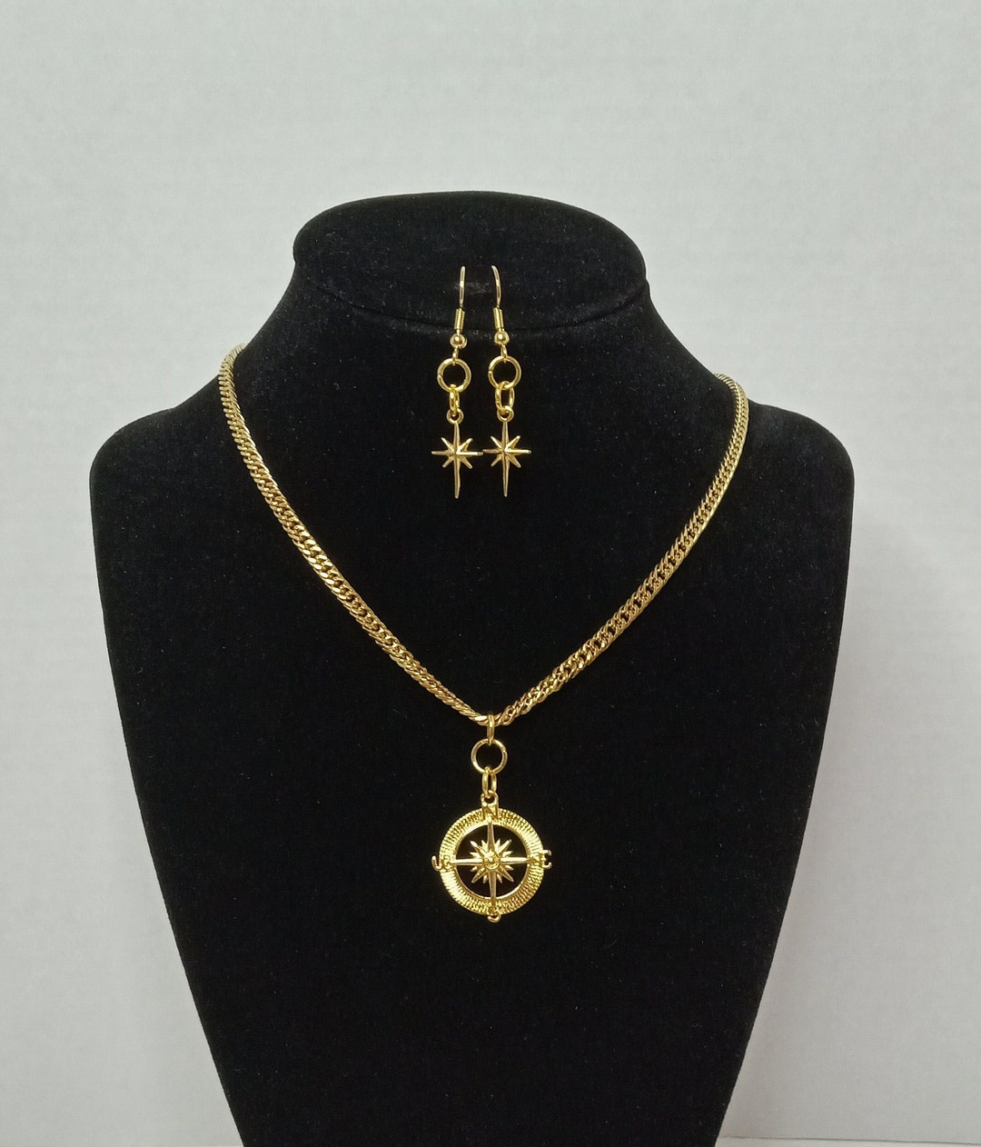 Golden Compass Pendant and North Star Earrings. Gold Tone Chain ...