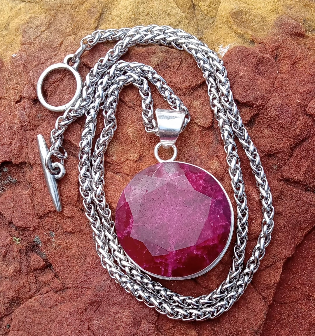 Dark Ruby Simulated Gemstone Pendant, Stainless Steel Foxtail Chain - Etsy