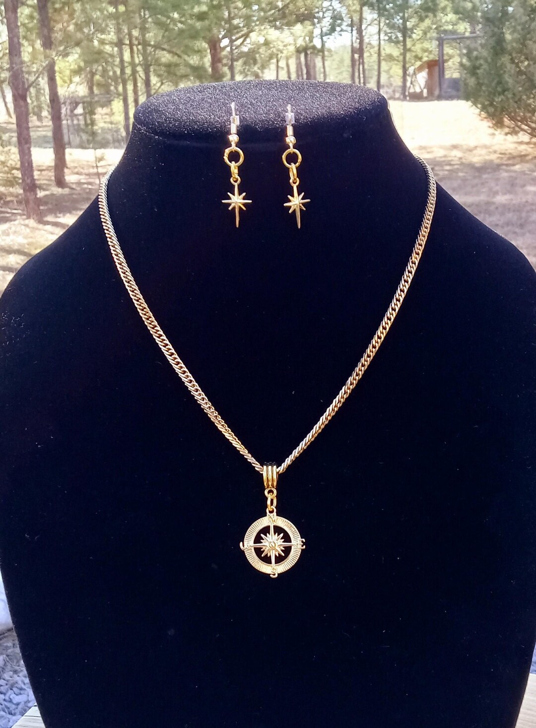 Golden Compass Pendant and North Star Earrings. Gold Tone Chain ...