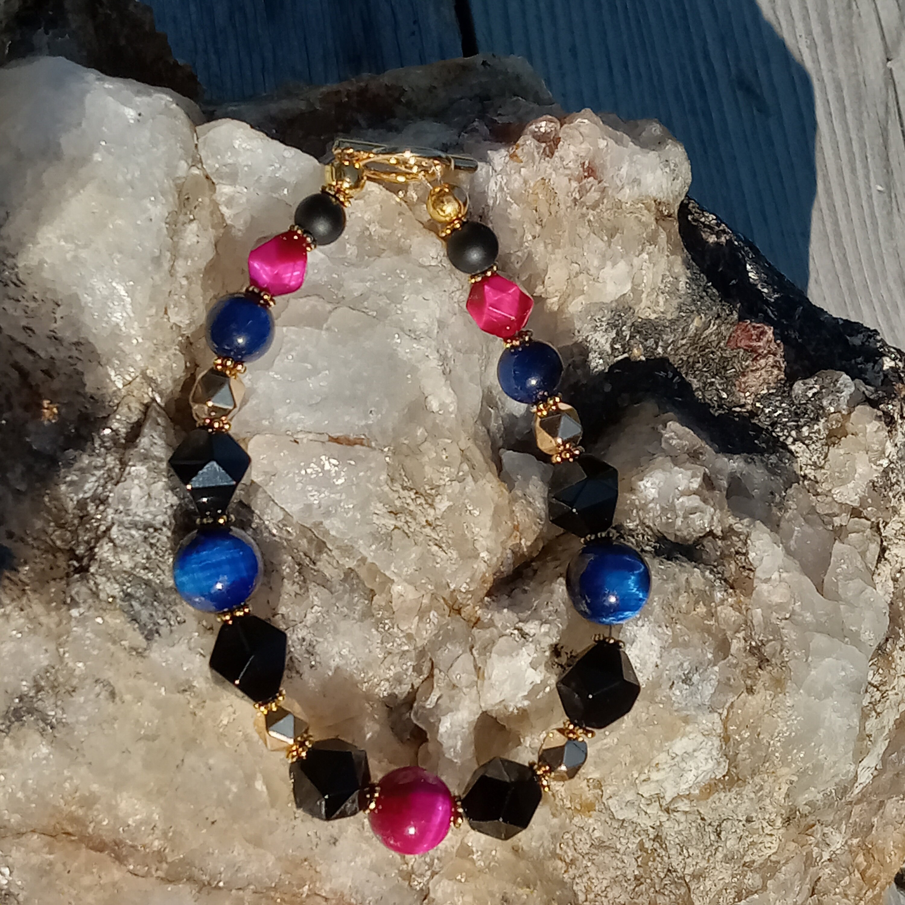 Women's Colorful Gemstone Bracelet, Blue Tiger's Eye, Rose Tiger's Eye ...
