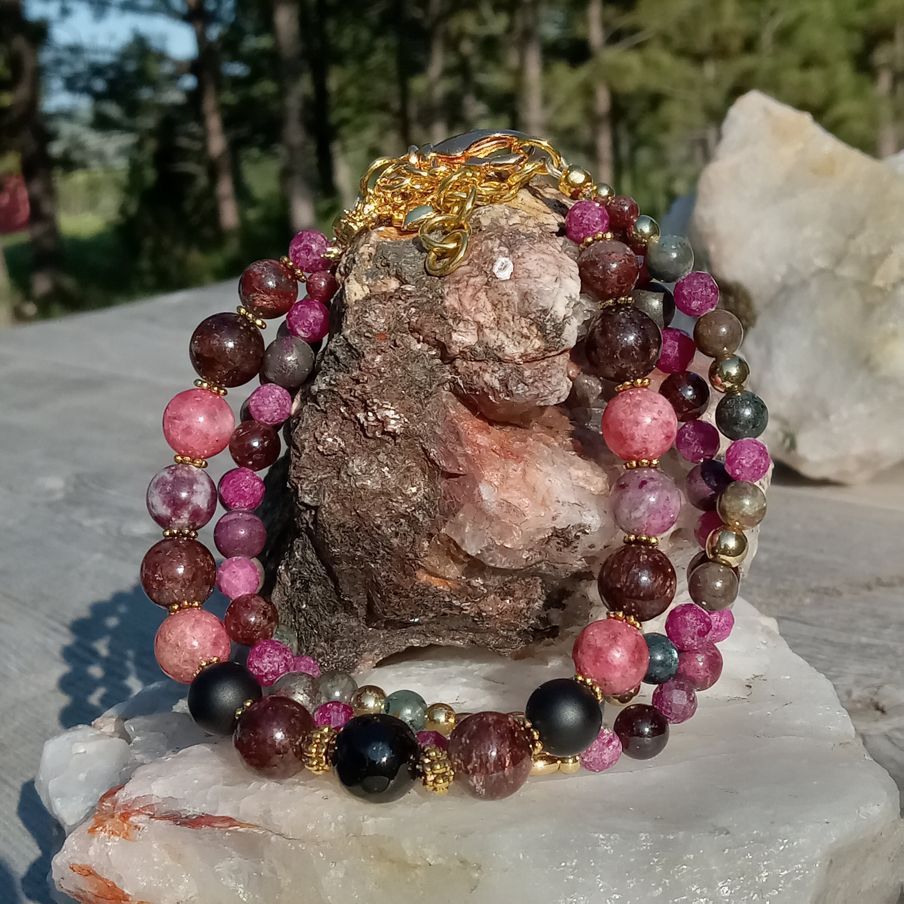 Triple Strand Bracelet, Rare Red Nuummite, Thulite, Eudialyte, Rough ...