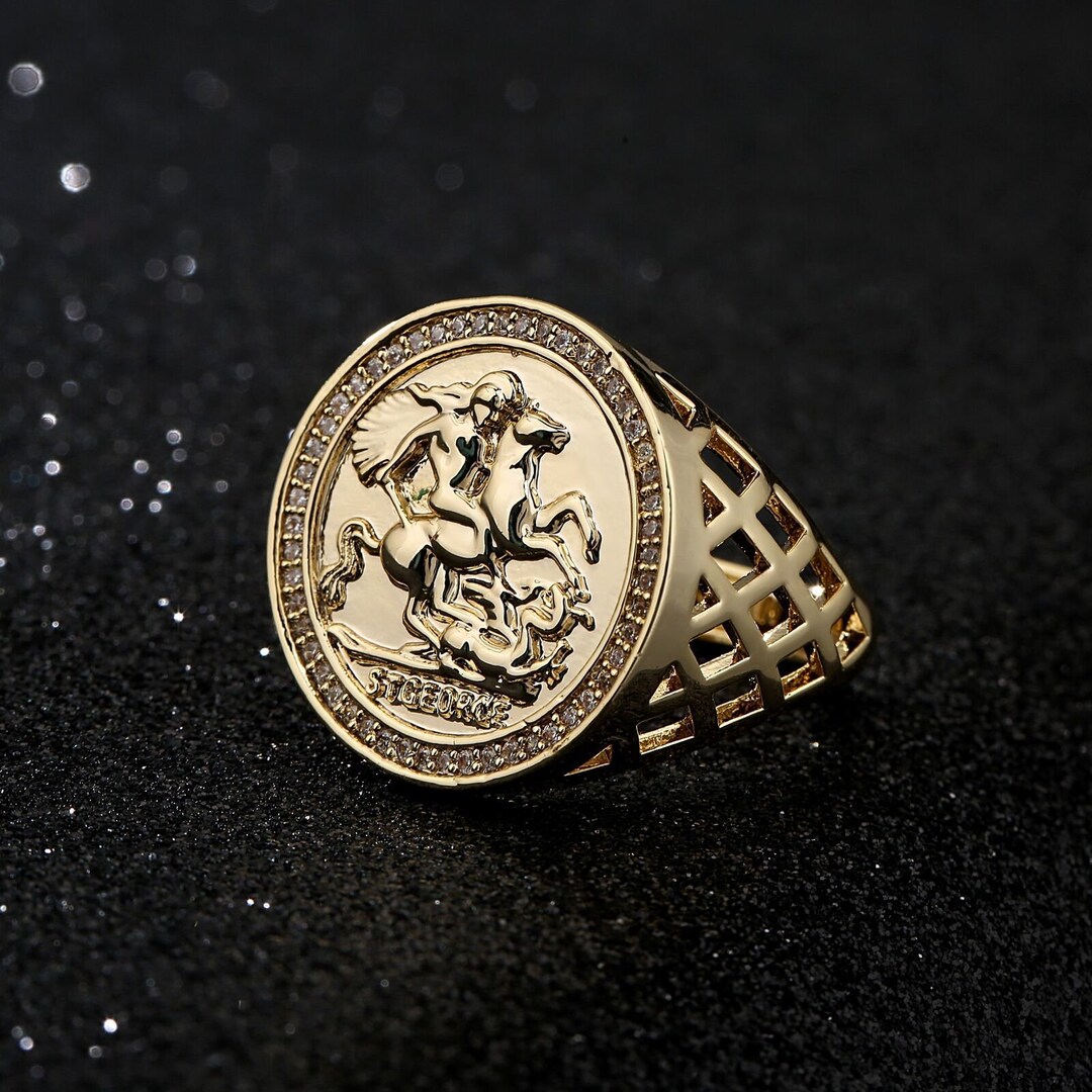 Gold 18K GF St George Sovereign Ring CZ Large Signet Adjustable Gift ...