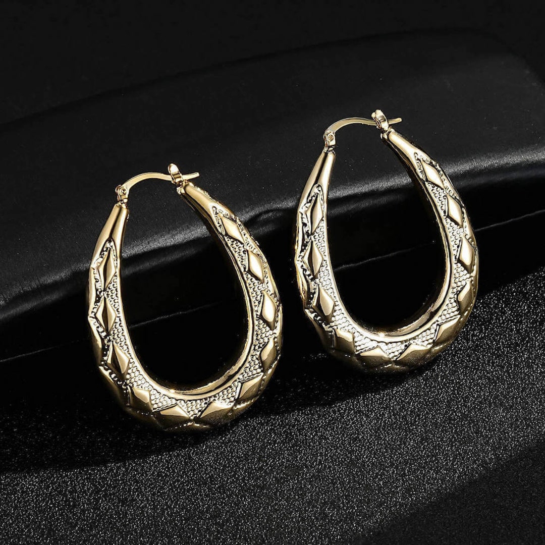 Premium Gold 18K GF 50mm Oval Diamond Pattern Creole Hoop Earrings - Etsy