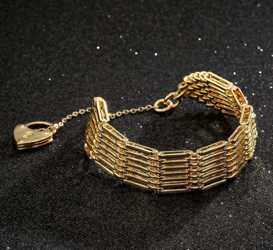 Large 18K Gold Filled Gate Vintage Heart Lock Bracelet Ladies - Etsy