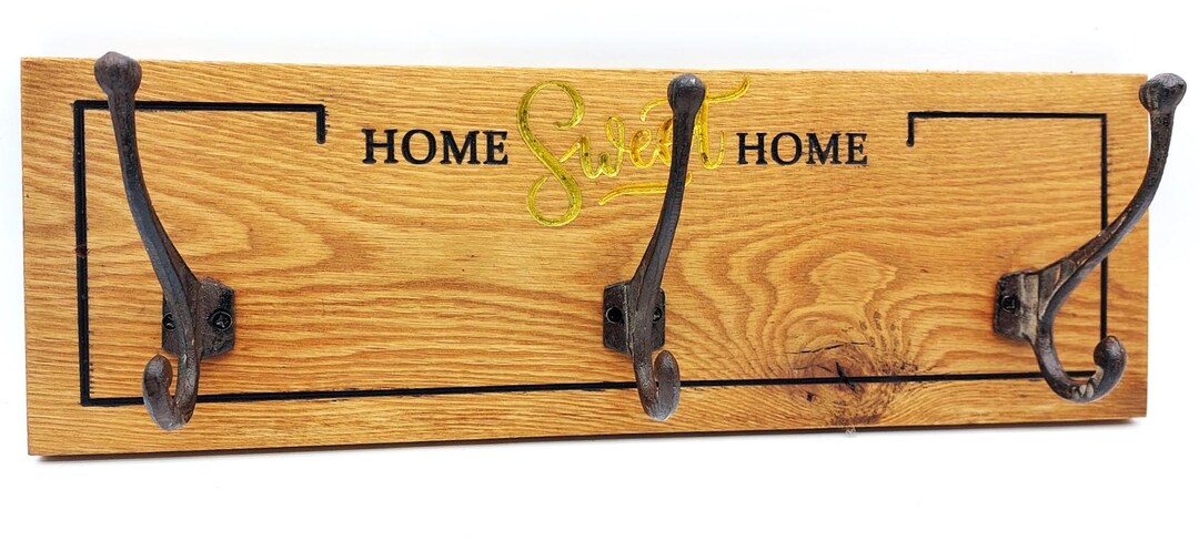 Solid Oak Engraved 3 Hook Cast Iron Coat Hanger - Etsy