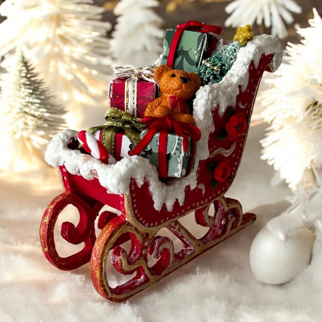 Handmade Miniature Santa’s Sleigh With Gifts, Christmas Decor Holiday ...