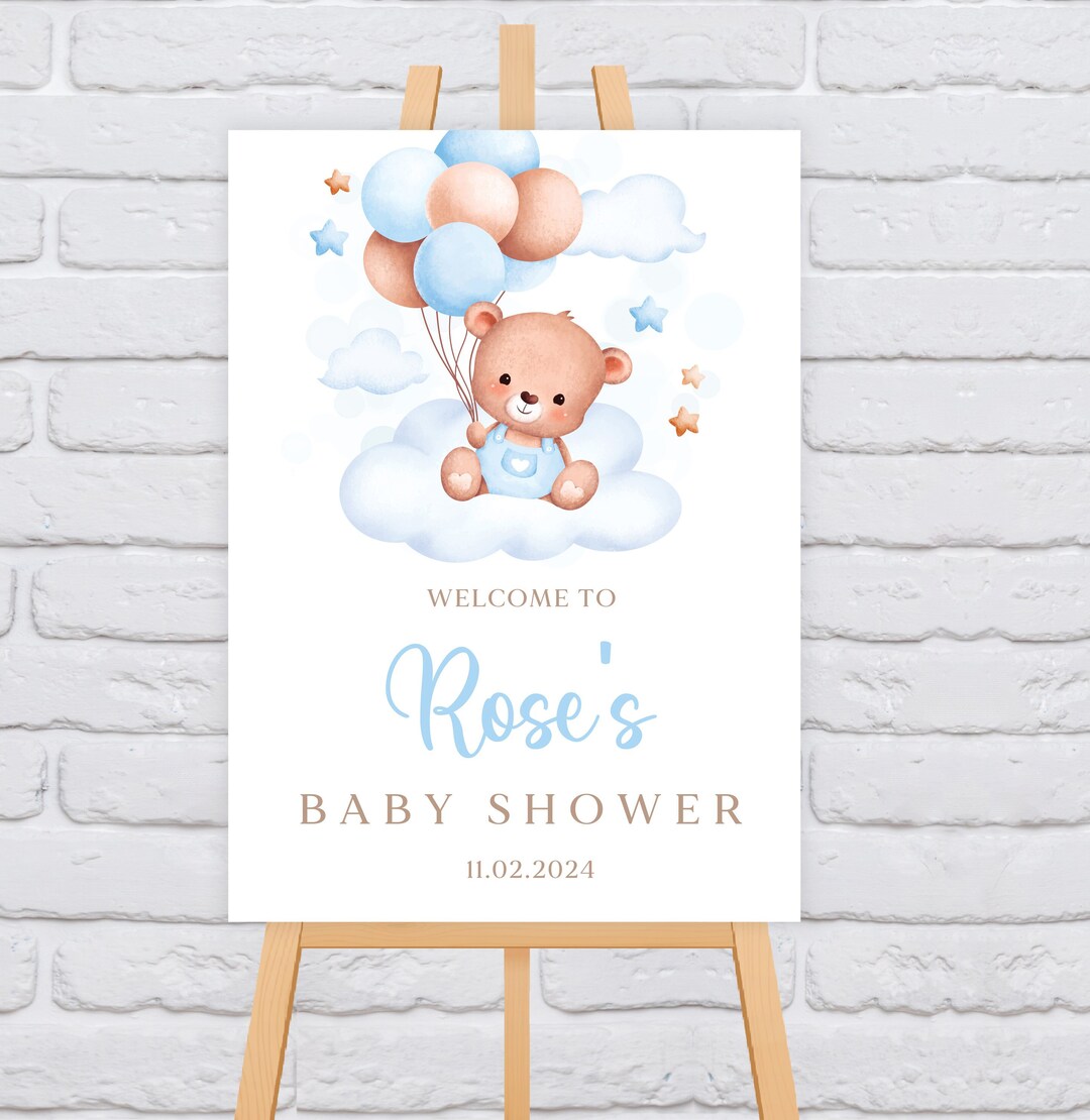 Personalised Blue Teddy Bear Baby Shower Welcome Sign, Personalised ...