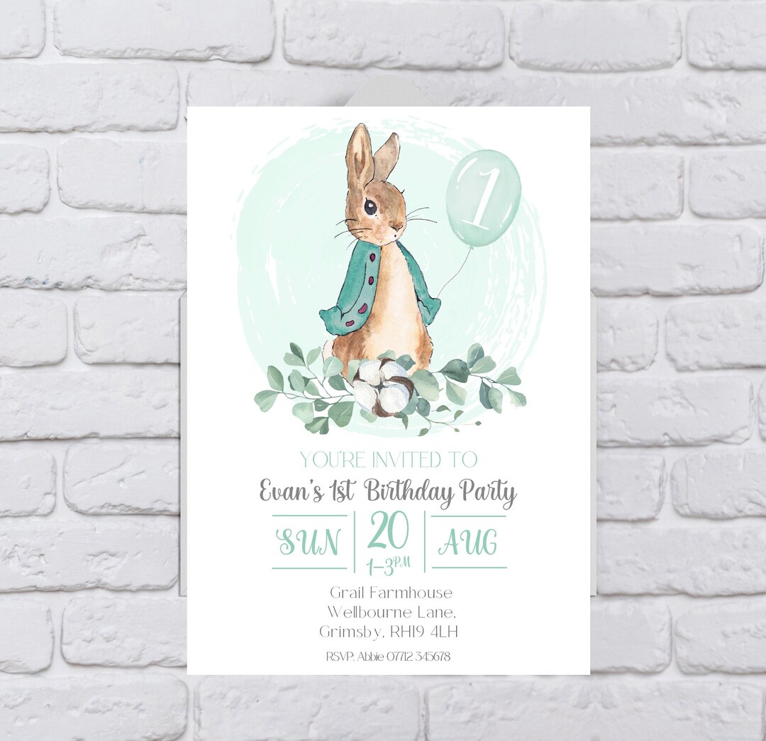 Green Peter Rabbit Birthday Party Invitations - Printed or Digital Copy ...