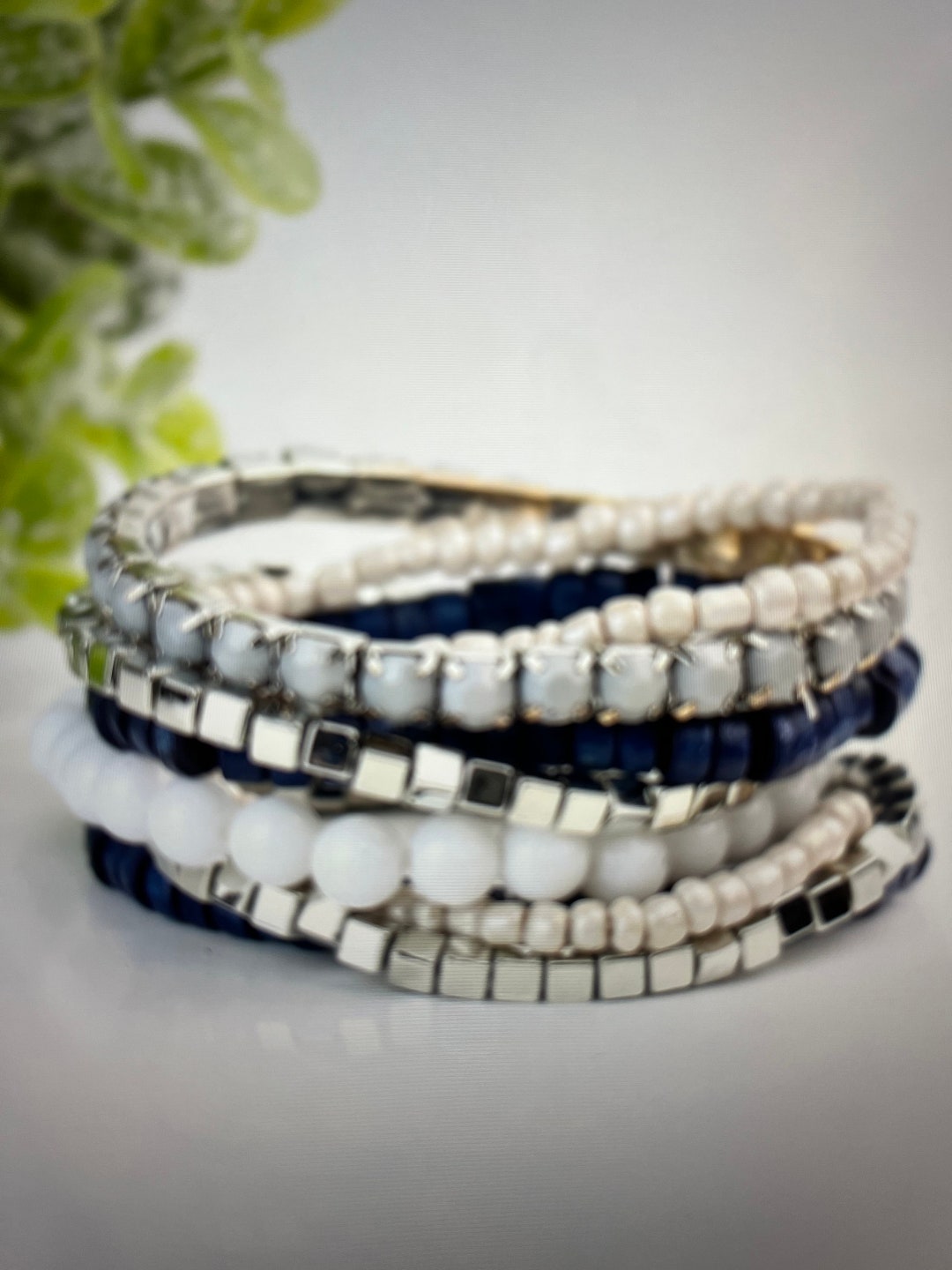 Boho Stacked Beaded Bracelets: Navy and White - Set of 8 - Etsy