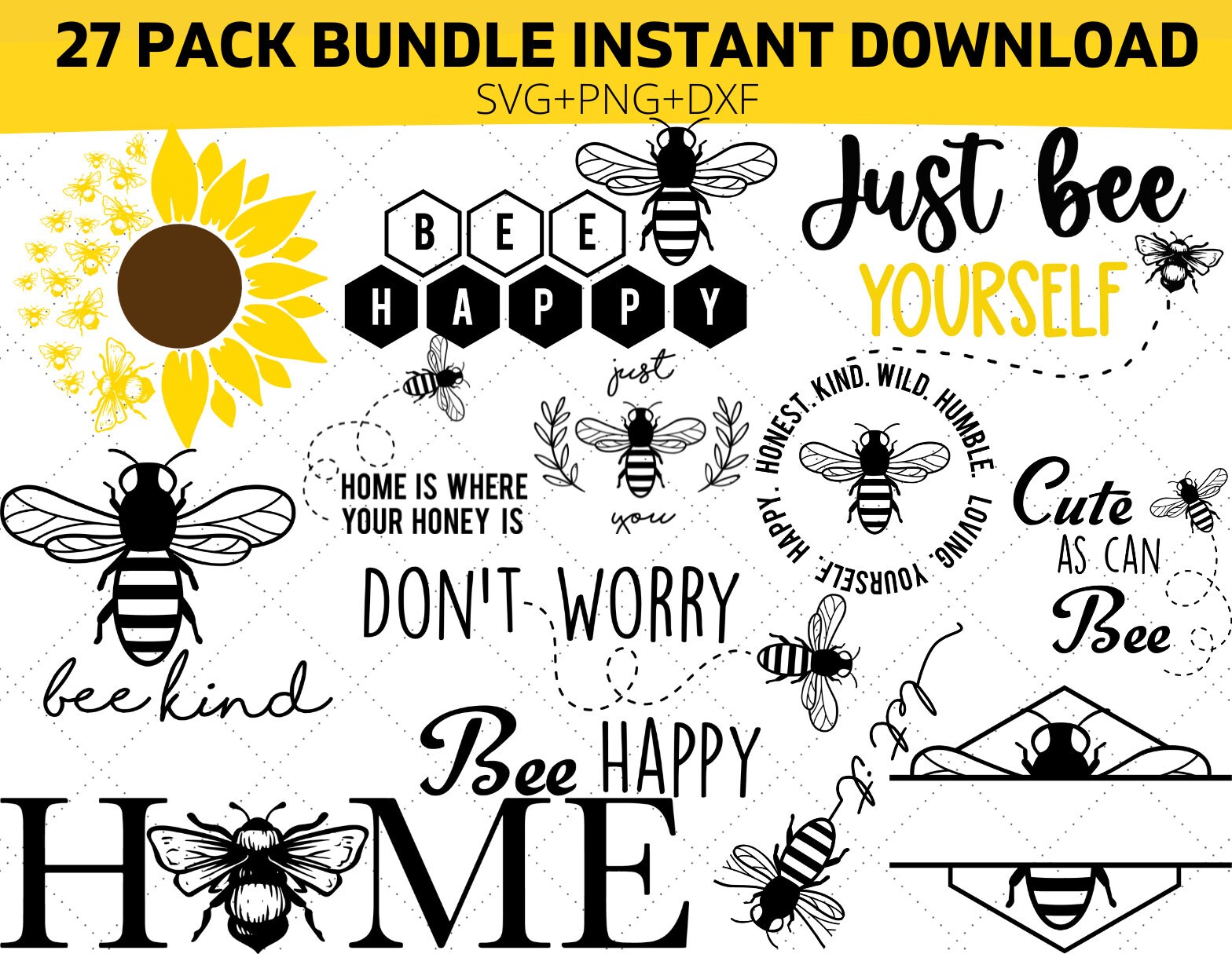 Bee Happy, Bee Kind, Bee Bundle File, Honey Bee, Svg, Png, Bundle | Bee ...