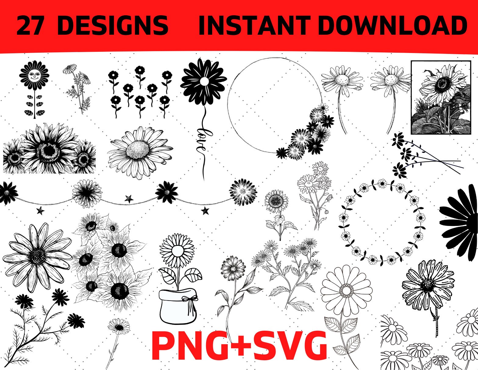 Daisy SVG Bundle, Hand Drawn Daisy Flowers Monogram and Wreath Svg ...