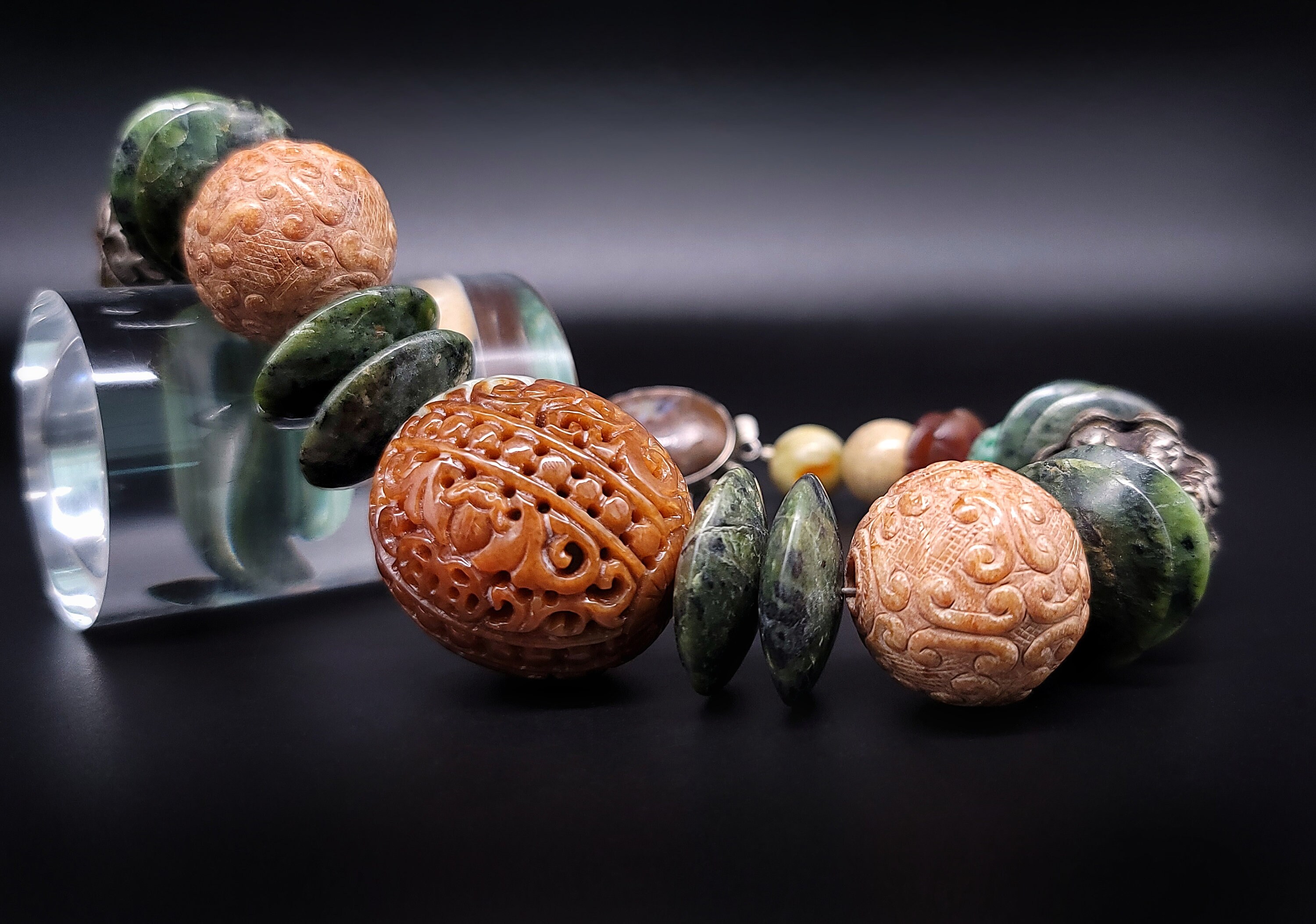 Jade & Carved Wood Bold Necklace - Etsy