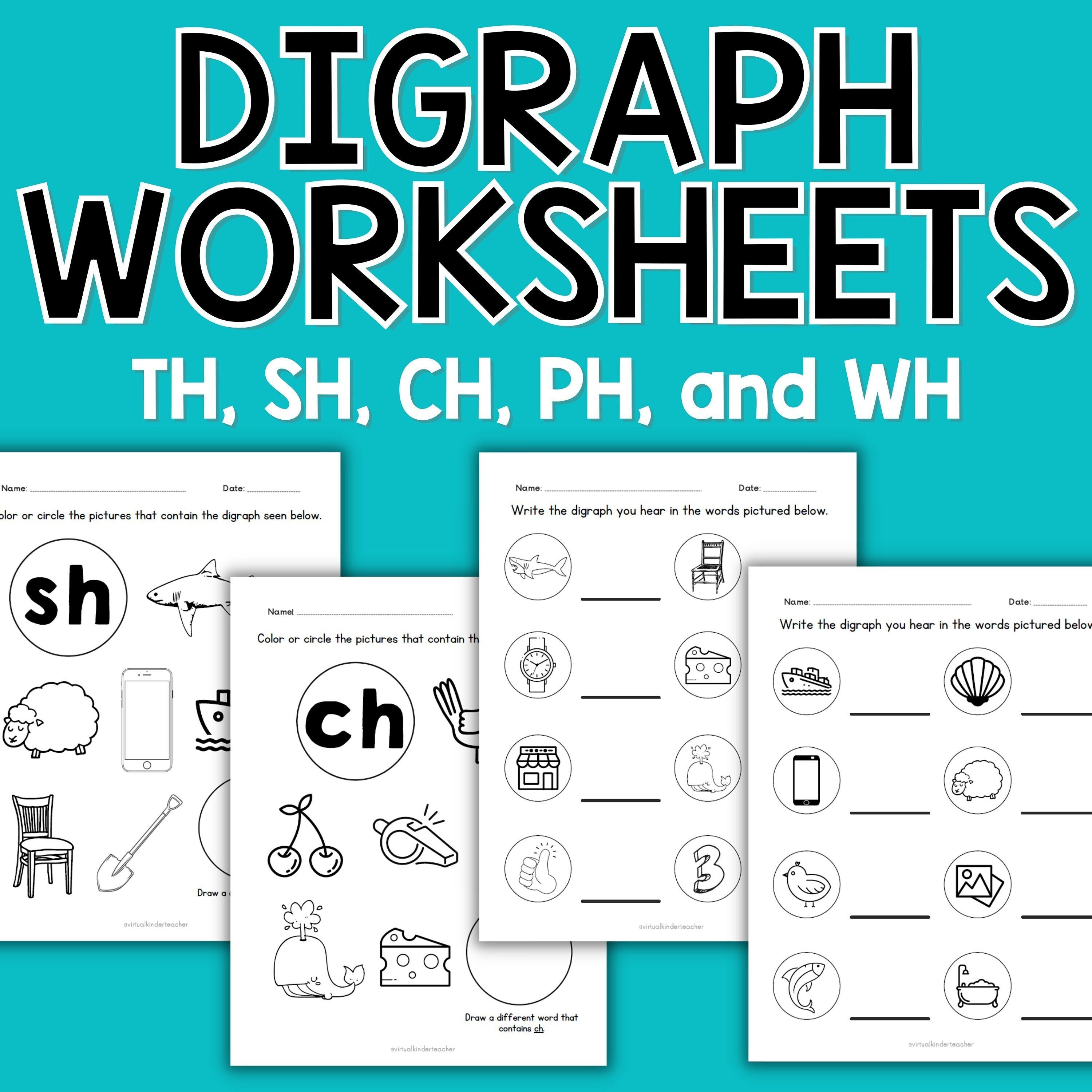 Digraph Worksheets Th Ch Sh Ph Wh Digraph Blends Activities Homeschool Printables Phonics ...