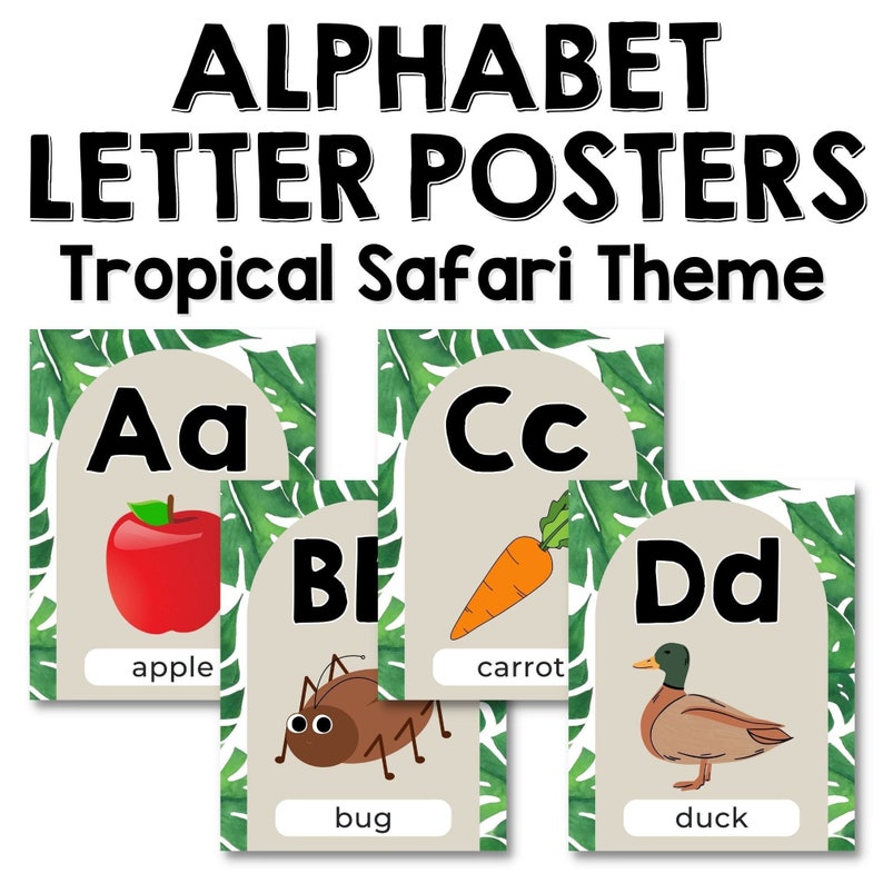 Cute Alphabet Posters Tropical Safari ABC Bulletin Board Decor Boho ...