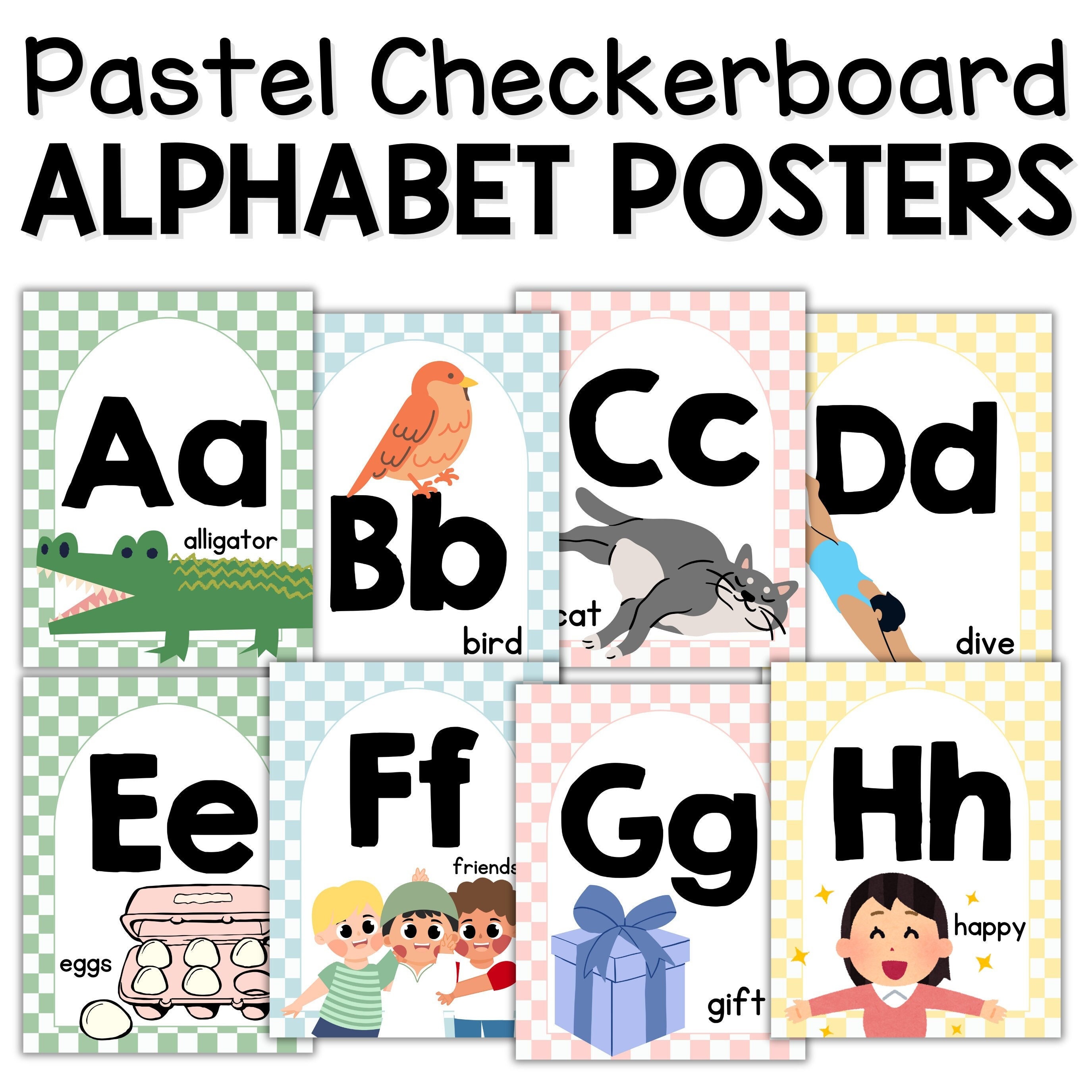 Alphabet Posters Pastel Checkered Decor Pastel Rainbow Checkered ABC ...