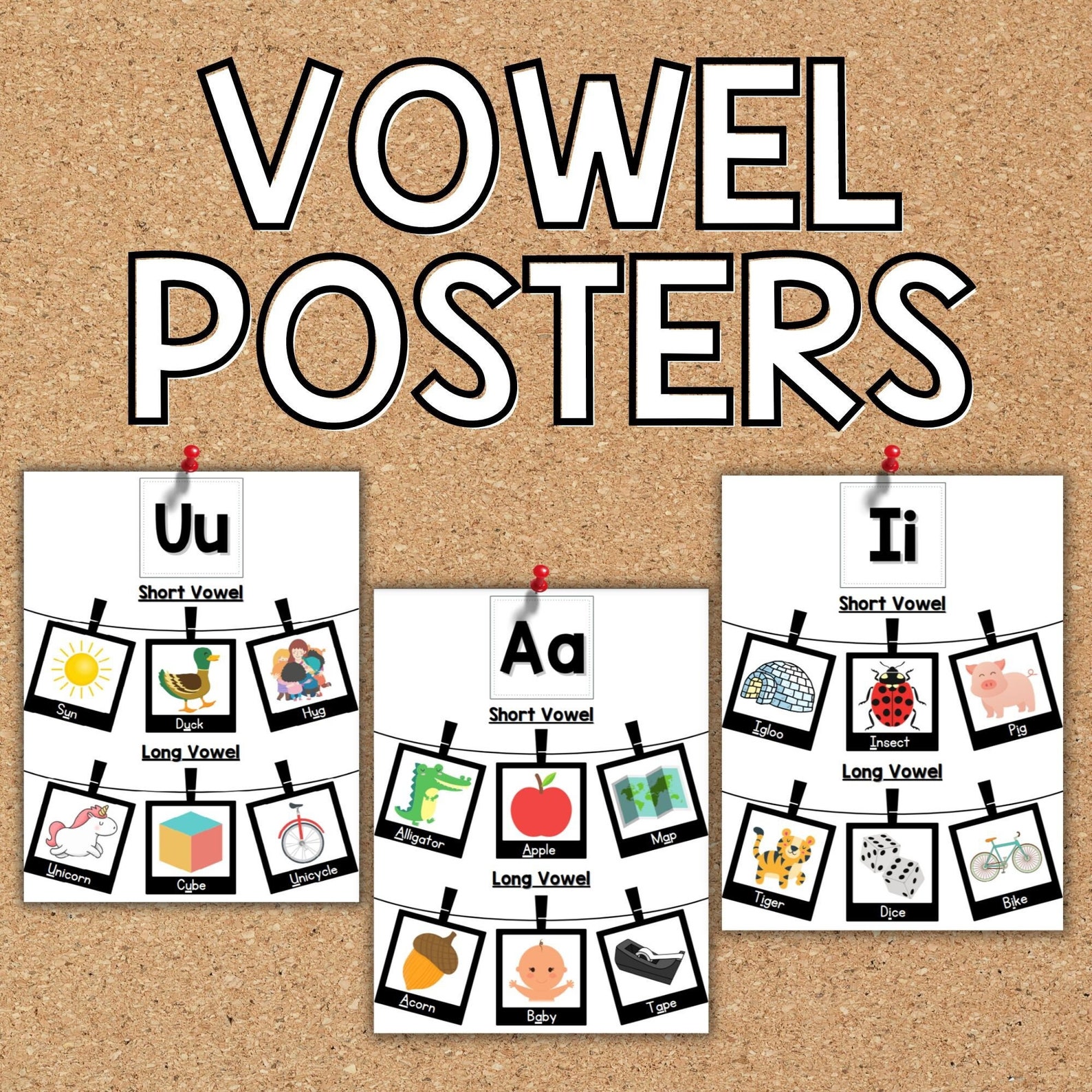Vowel Sound Posters: Classroom Phonics, Short & Long Vowels (PDF) - Etsy