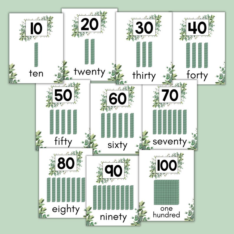 Number Posters Math Posters Multiples of Tens Numbers 10-100 Eucalyptus ...