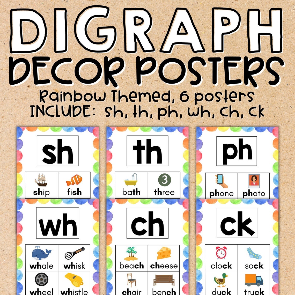 Digraph Flashcards Digraph Posters Rainbow Theme Digraph Signs ...