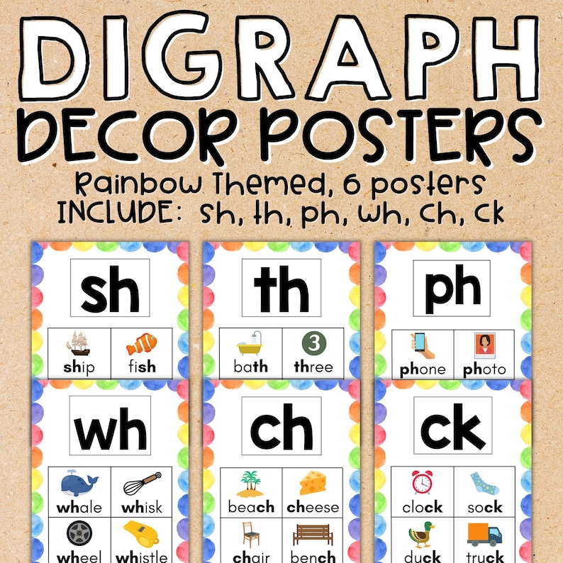 Digraph Flashcards Digraph Posters Rainbow Theme Digraph Signs ...