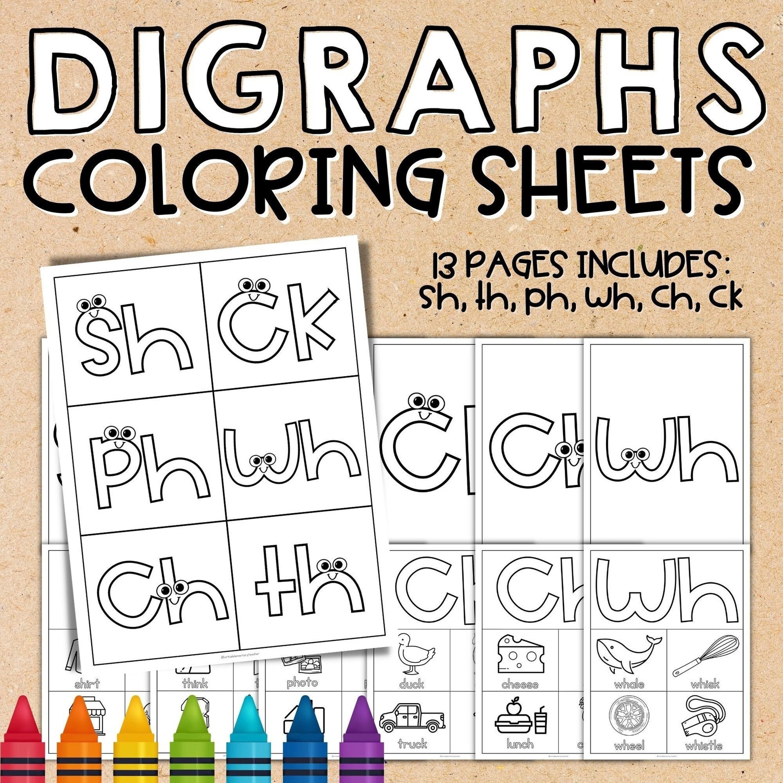 Digraphs Coloring Sheets Sh, Th, Wh, Ph, Ch, Ck Printable Phonics ...