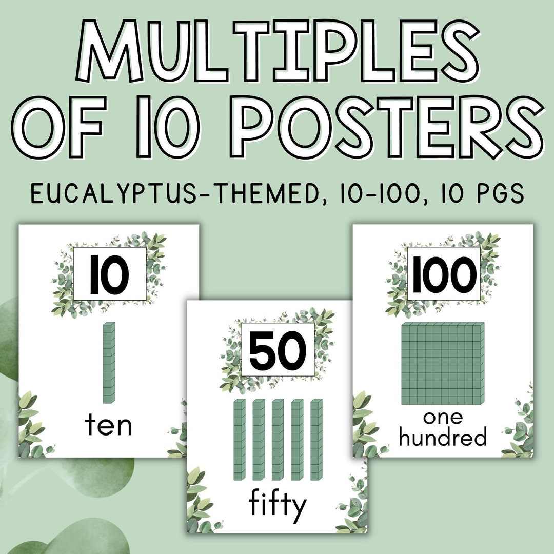 Number Posters Math Posters Multiples of Tens Numbers 10-100 Eucalyptus ...