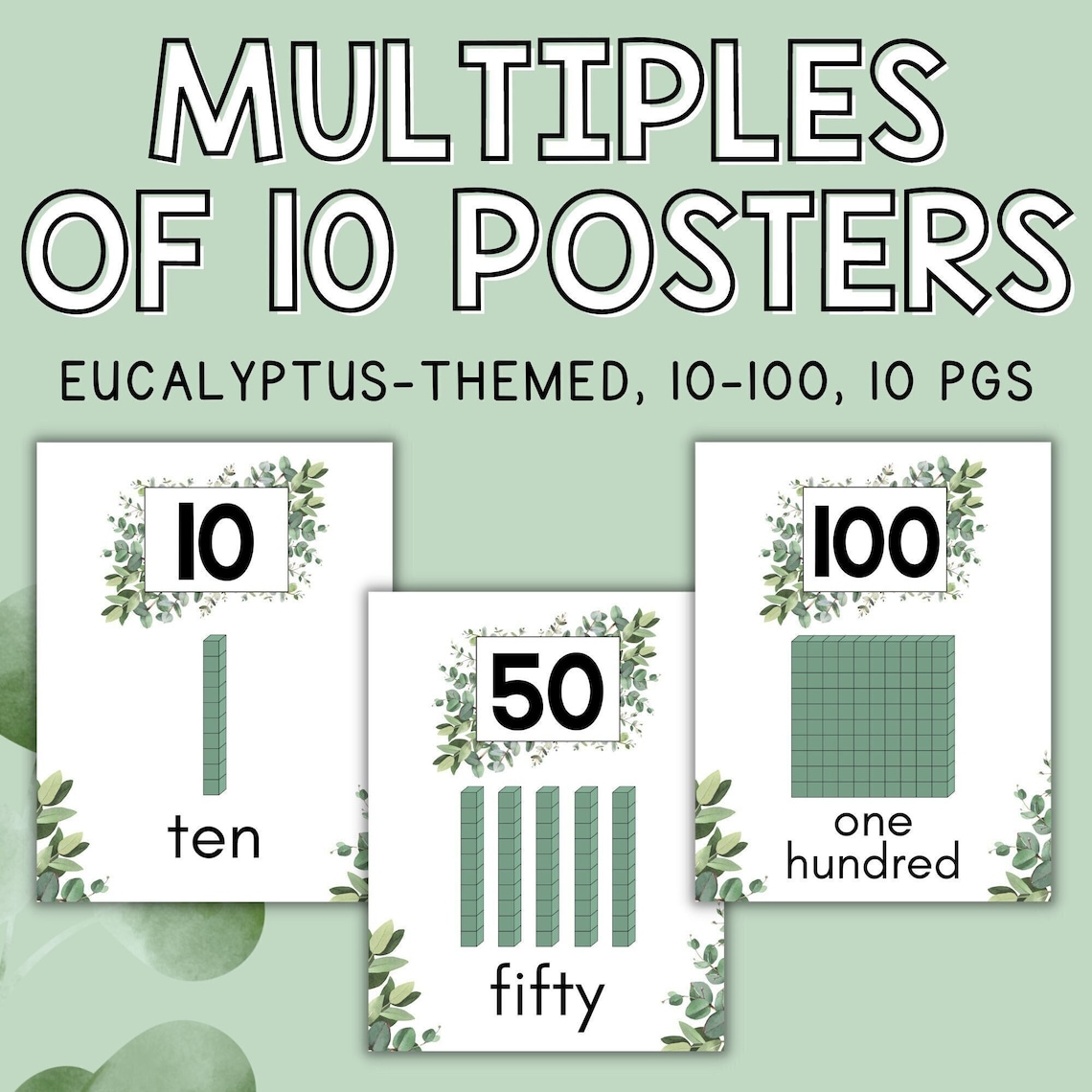 Number Posters Math Posters Multiples of Tens Numbers 10-100 Eucalyptus ...
