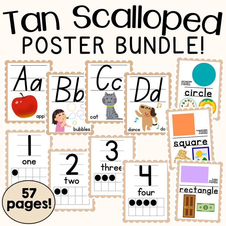 Neutral Classroom Poster Bundle | Tan Scalloped Boho Neutral Alphabet ...