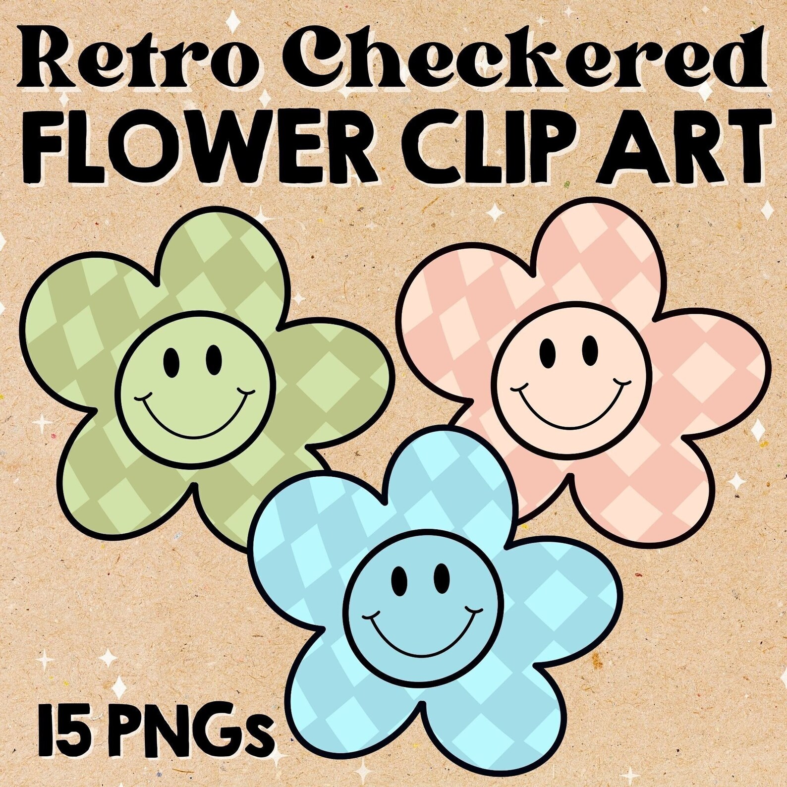 Flower Retro Clip Art Flower Clip Art Checkered Digital Stickers Retro ...