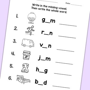 CVC Blending Segmenting Worksheets Printable CVC Missing Vowel Writing ...