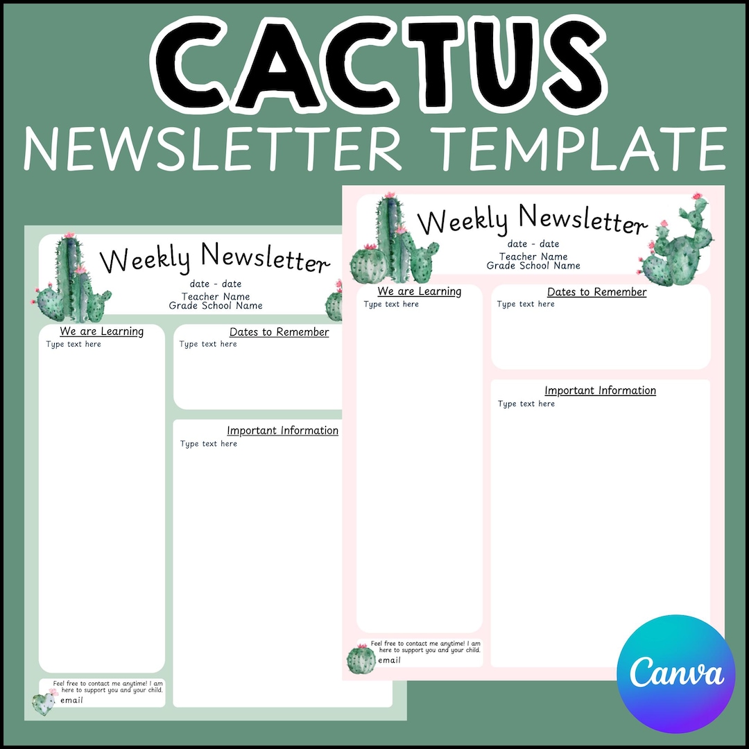 Cactus Newsletter Template, Editable Teacher Communication (canva) - Etsy