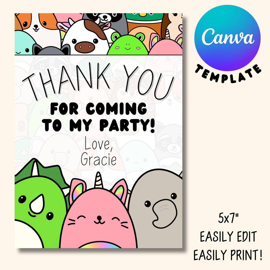 Squishmallow Thank You Cards, Custom Party Template (canva) - Etsy
