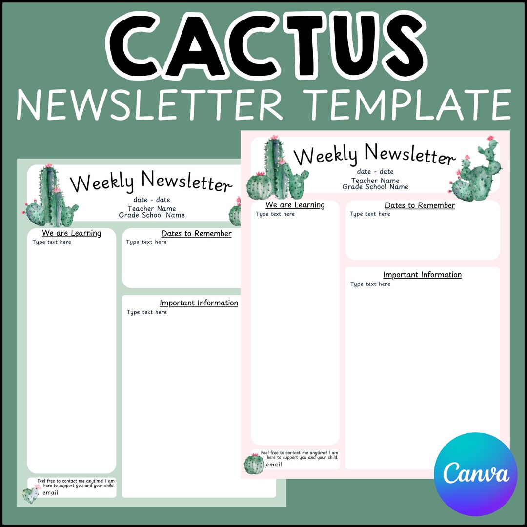 Cactus Themed Editable Newsletter Canva Template Parent Teacher ...