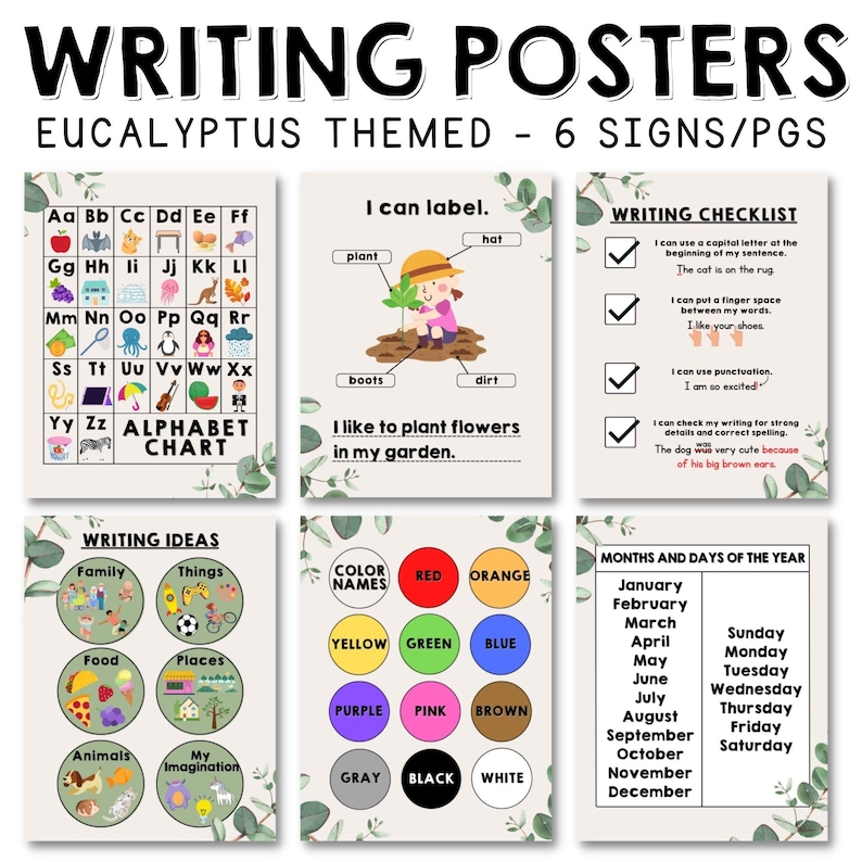 Eucalyptus Writing Center Posters: Homeschool ELA Signs (PDF) - Etsy