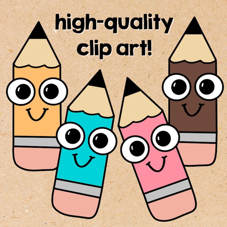 Cute Pencil Clipart With Faces – Colorful School Supplies Clip Art Set ...
