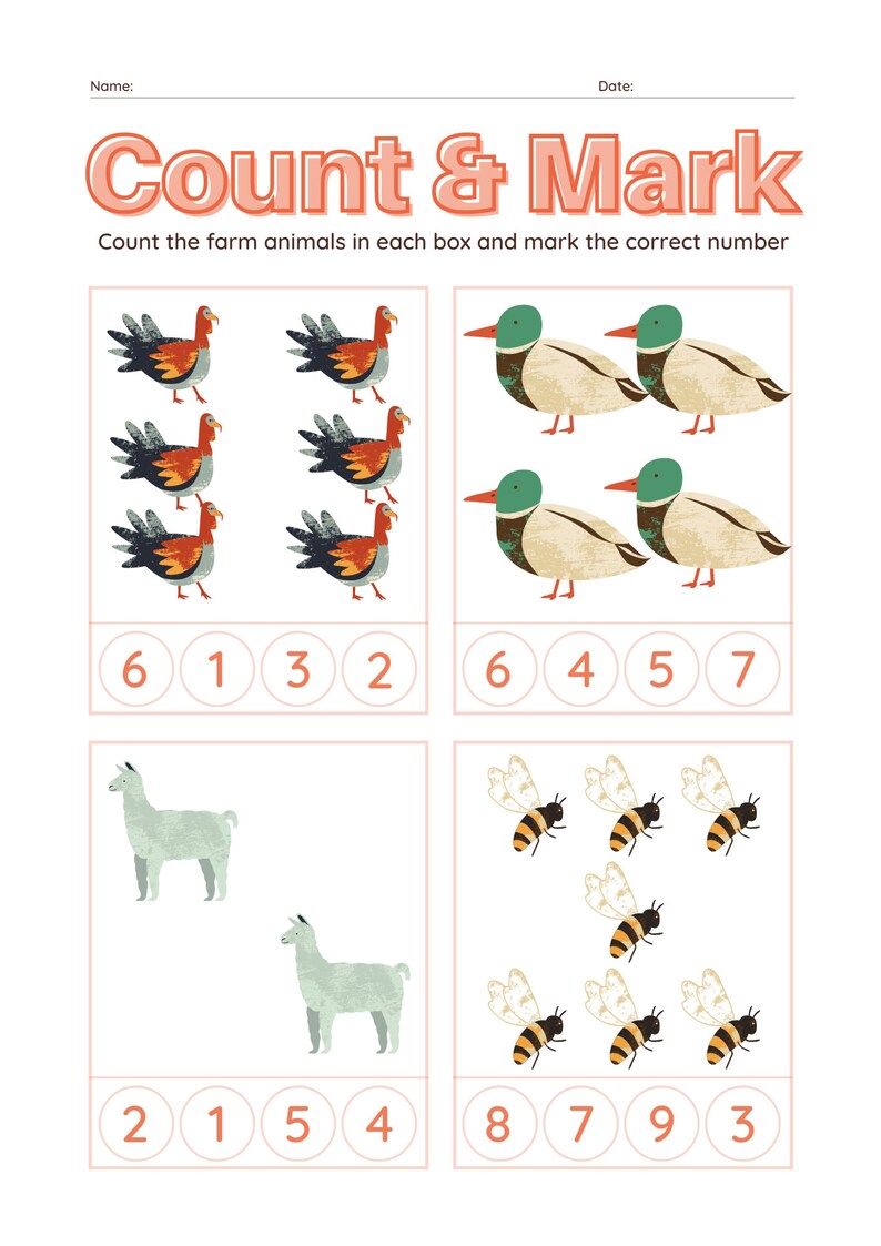 10 Page Count and Mark Animal Digital Worksheets - Etsy