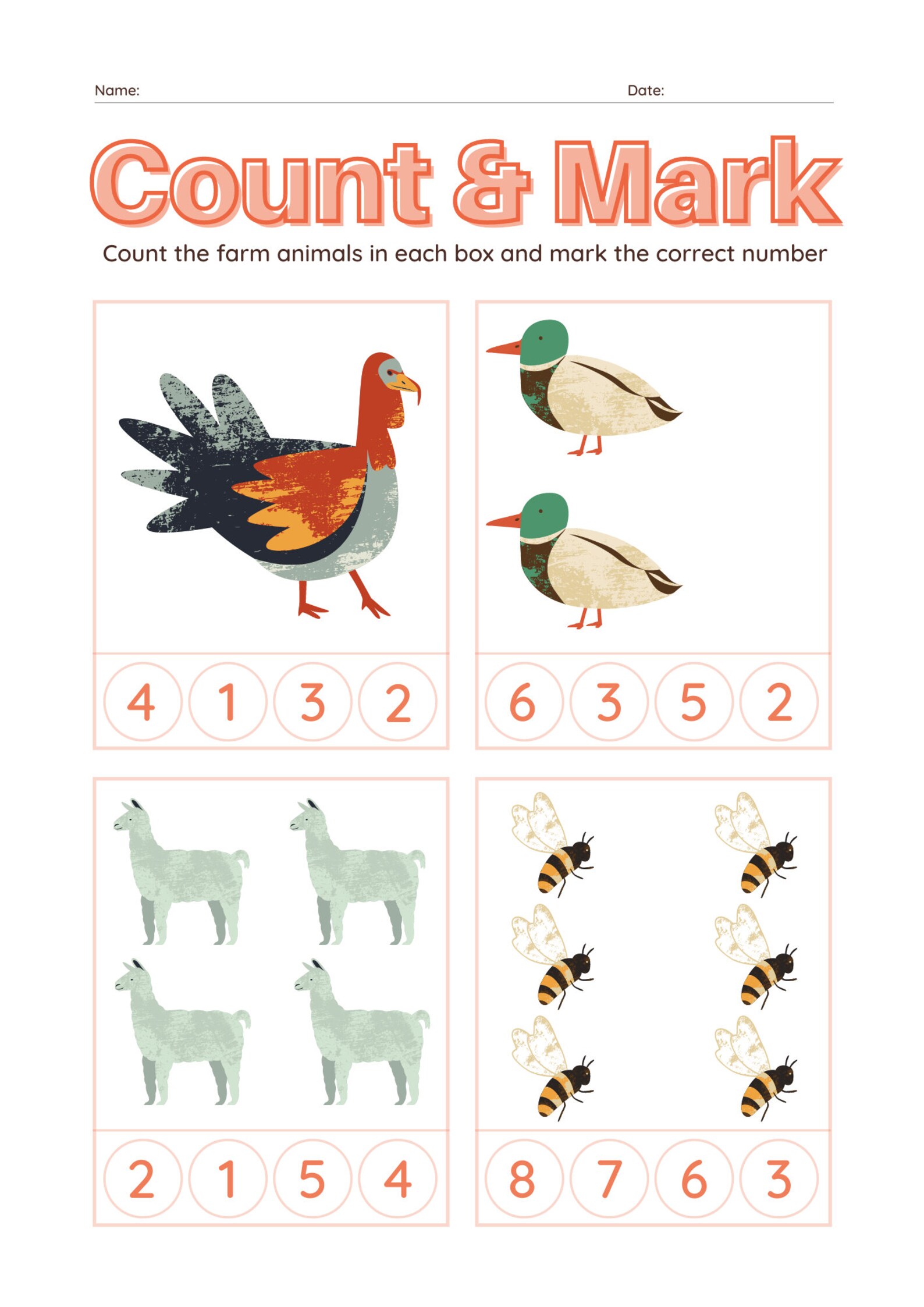 10 Page Count and Mark Animal Digital Worksheets - Etsy