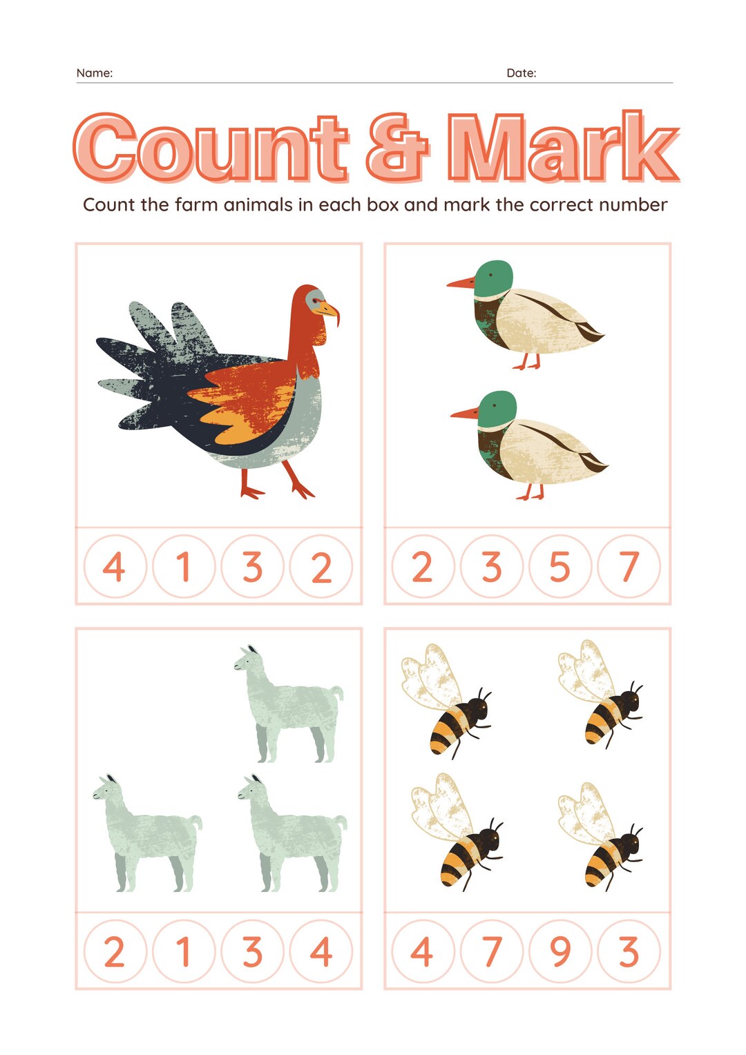 10 Page Count and Mark Animal Digital Worksheets - Etsy