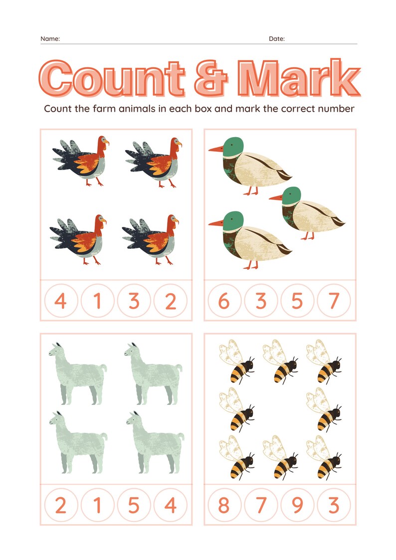 10 Page Count and Mark Animal Digital Worksheets - Etsy