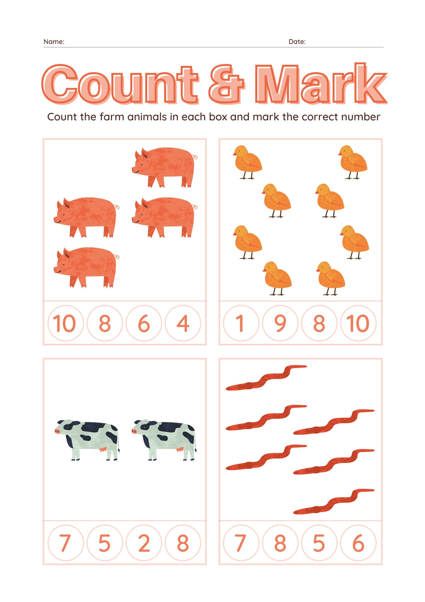10 Page Count and Mark Animal Digital Worksheets - Etsy