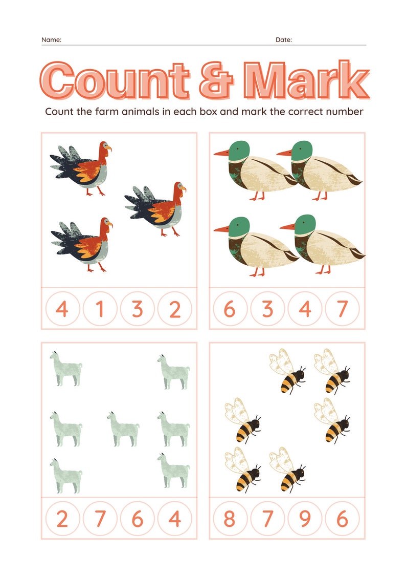10 Page Count and Mark Animal Digital Worksheets - Etsy