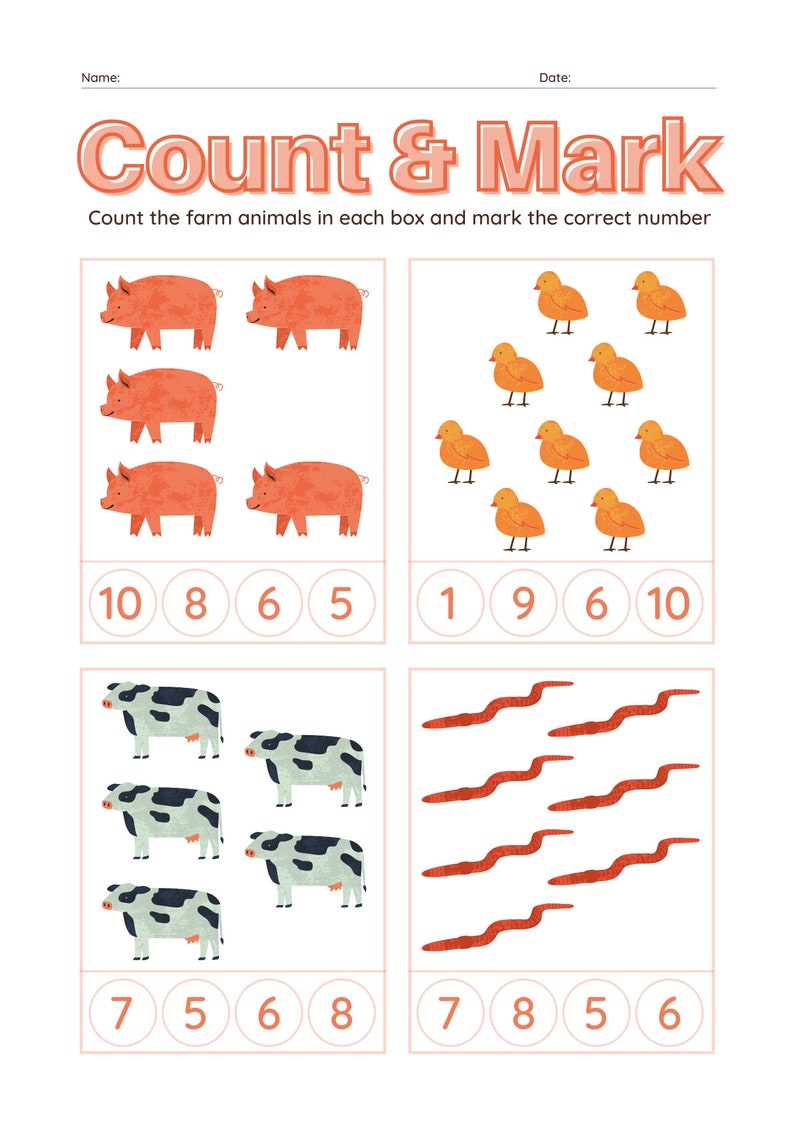 10 Page Count and Mark Animal Digital Worksheets - Etsy